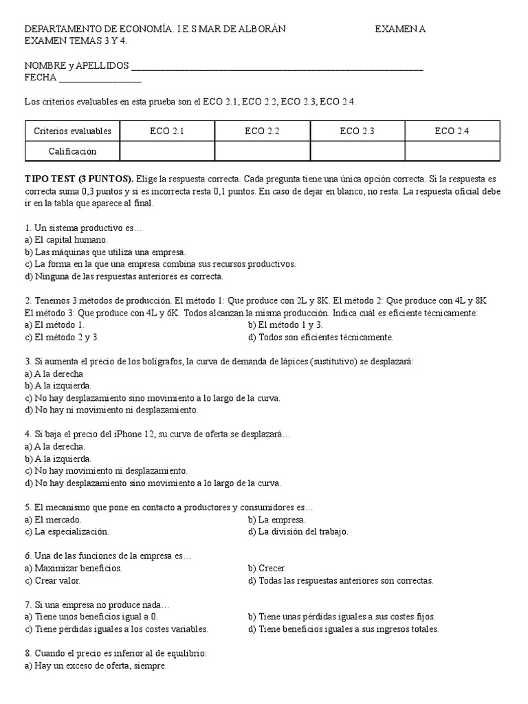 Examen T 3 Y T 4 Economía Pdf Precios Oferta Economía
