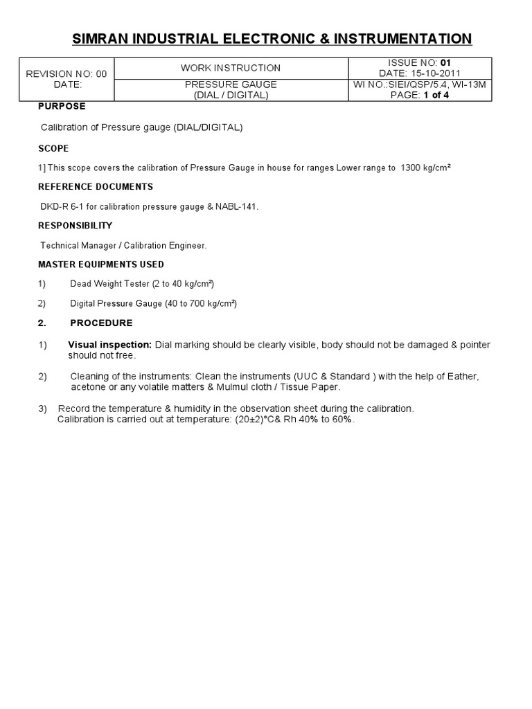 Pressure Procedure | PDF | Calibration | Pressure Measurement Pressure Procedure | PDF | Calibration | Pressure Measurement
