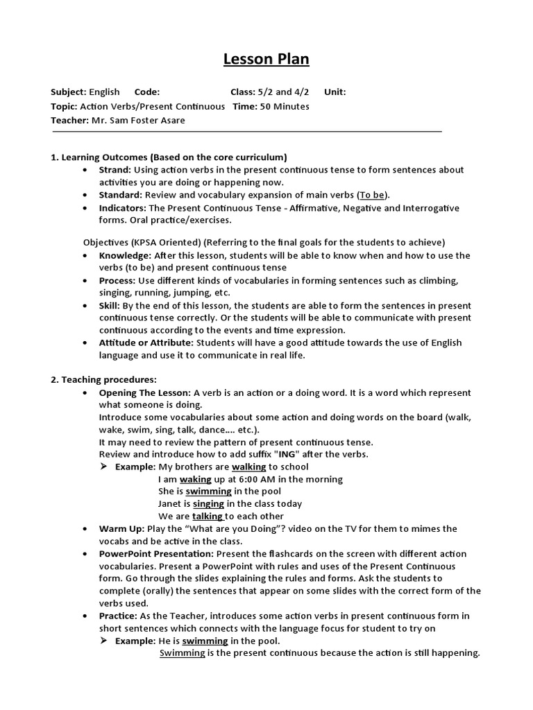 Lesson Plan On Verbs (Present Continuous) | PDF