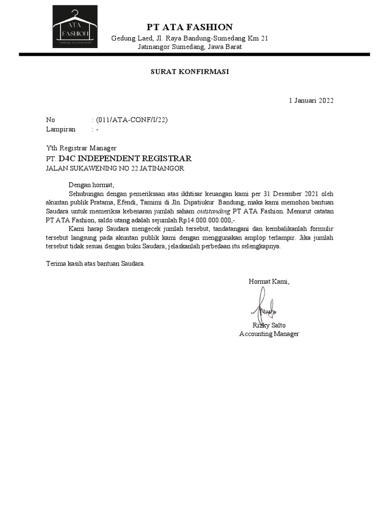 Contoh Surat Konfirmasi Saham | PDF
