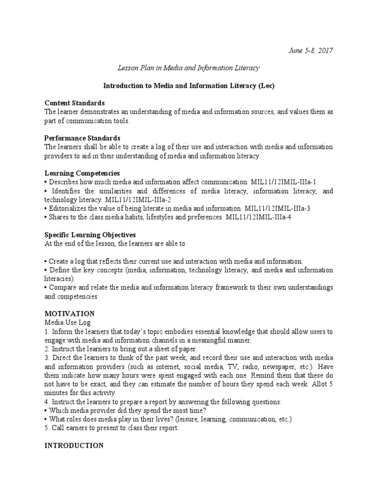 MIL Lesson Plan | PDF | Information Literacy | Literacy