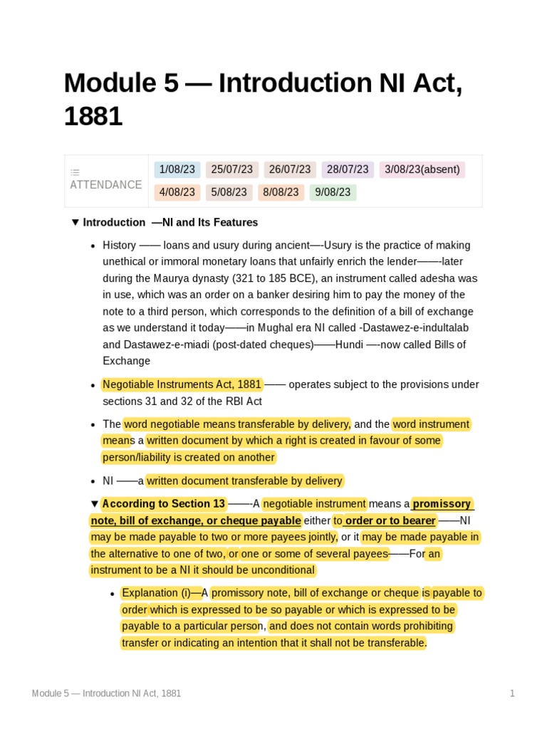 Module 5 Introduction NI Act 1881 | PDF