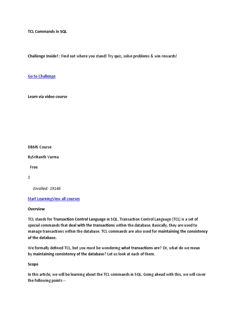 TCL Commands in SQL: Go To Challenge | PDF | Database Transaction | Sql
