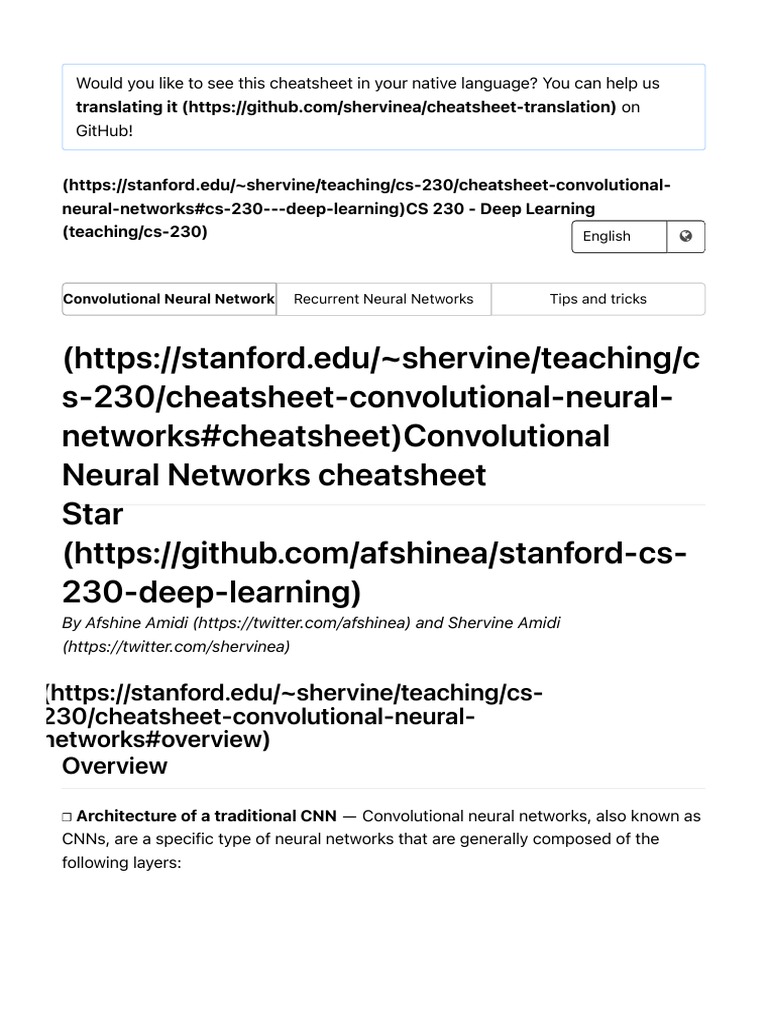 CS 230 - Convolutional Neural Networks Cheatsheet | PDF