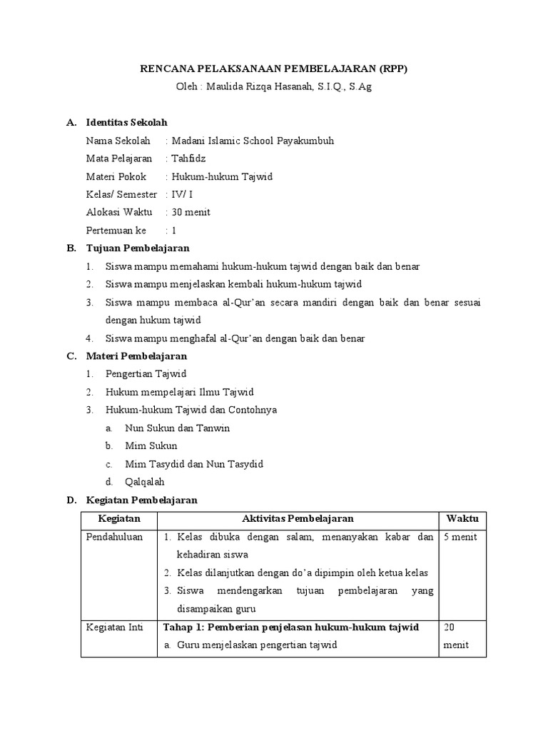 Rencana Pelaksanaan Pembelajaran Tahfidz SD | PDF | Seni & Disiplin ...