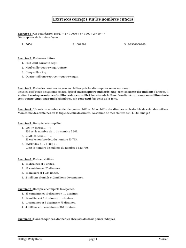 Chap 1 Exercices Corriges 6eme | PDF