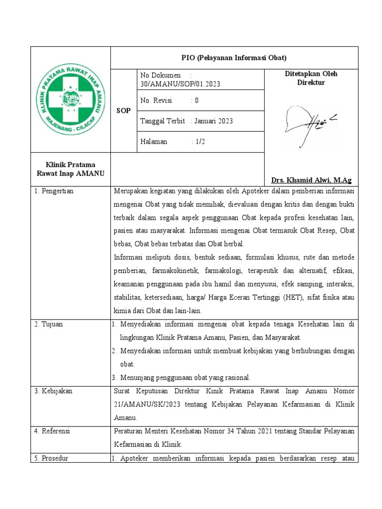 SOP PIO (Pelayanan Informasi Obat) | PDF