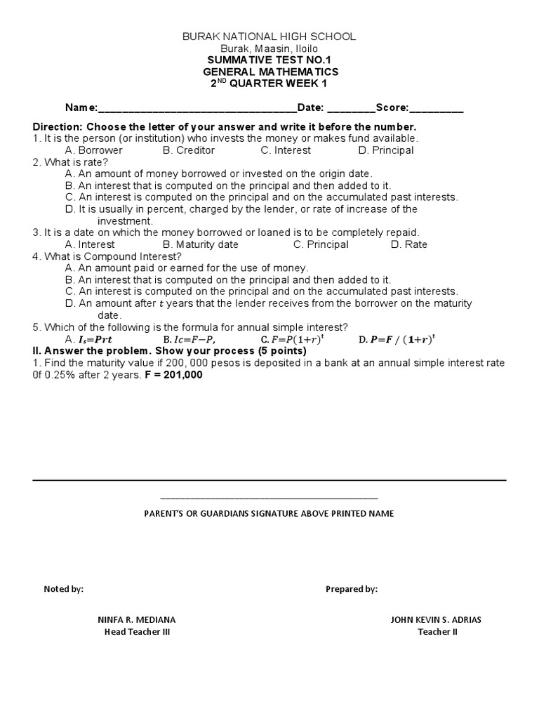 General Mathematics Summative Test 2nd Quarter | PDF | Stocks | Interest