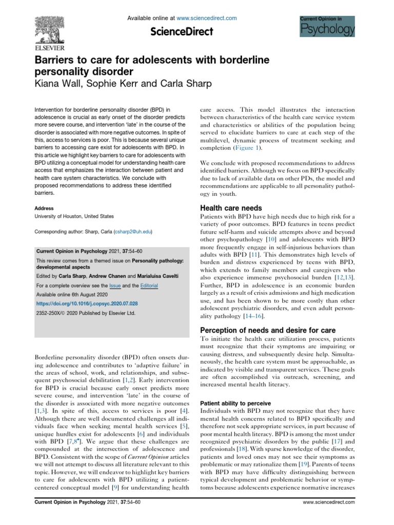 Barriers To Care For Adolescents With Borderline Personality Disorder | PDF | Borderline ...