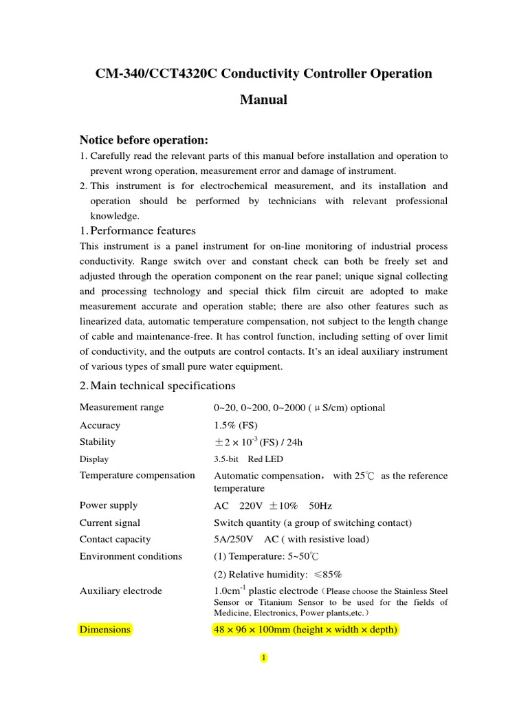 CM-340CCT4320C Conductivity Controller Operation Manual | PDF | Switch | Sensor