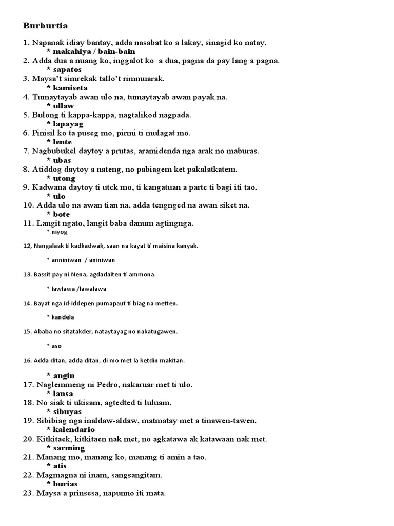 Ilocano Burburtia Riddles and Answers | PDF