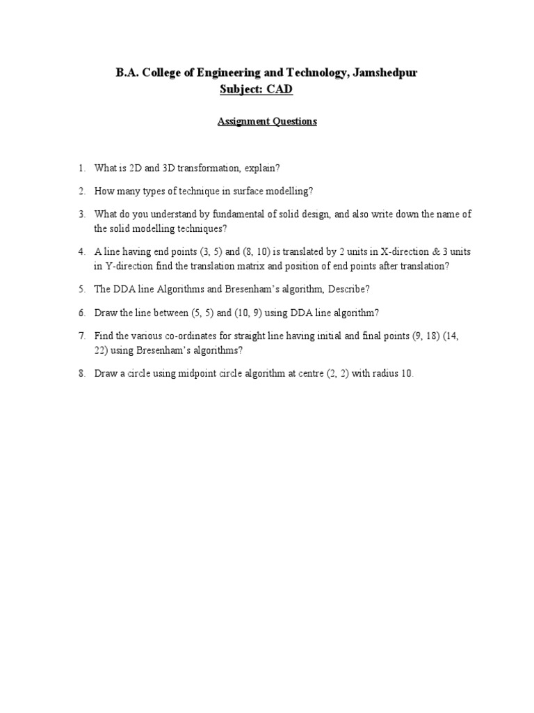CAD Assignment Questions for Engineering Students | PDF | Teaching ...