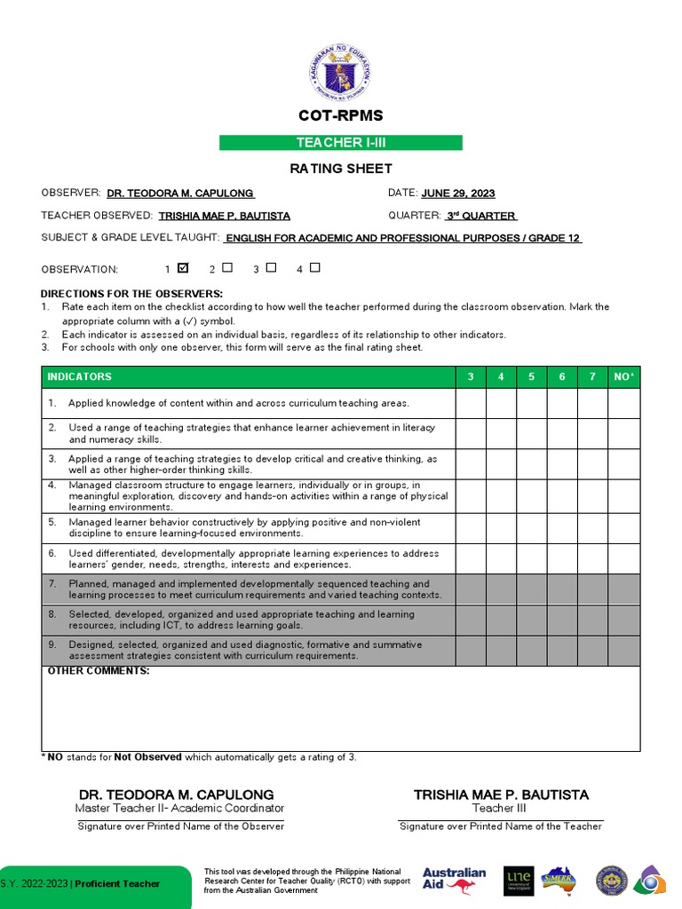 Appendix C 02 COT RPMS Rating Sheet For T I III For SY 2022 2023 | Download Free PDF | Learning ...