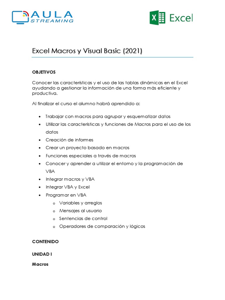 Curso de Macros y VBA en Excel | PDF | Microsoft Excel | Macro (informática)