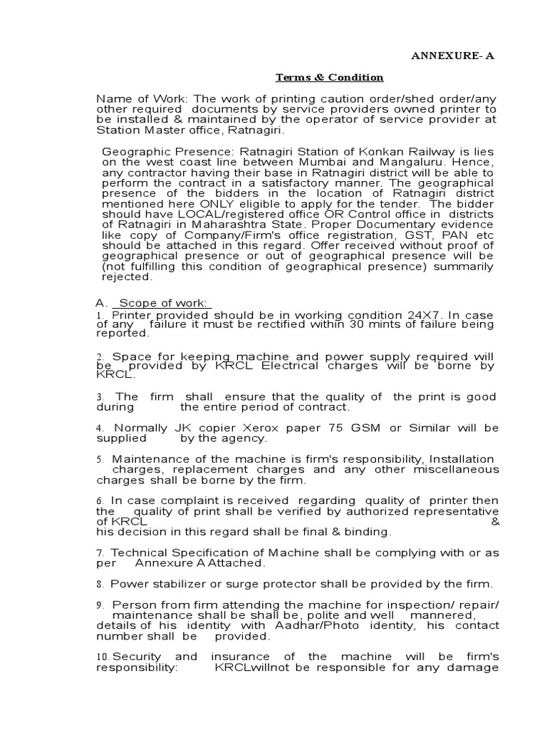Annexure-A Terms & Condition | PDF | Printer (Computing) | Office Equipment