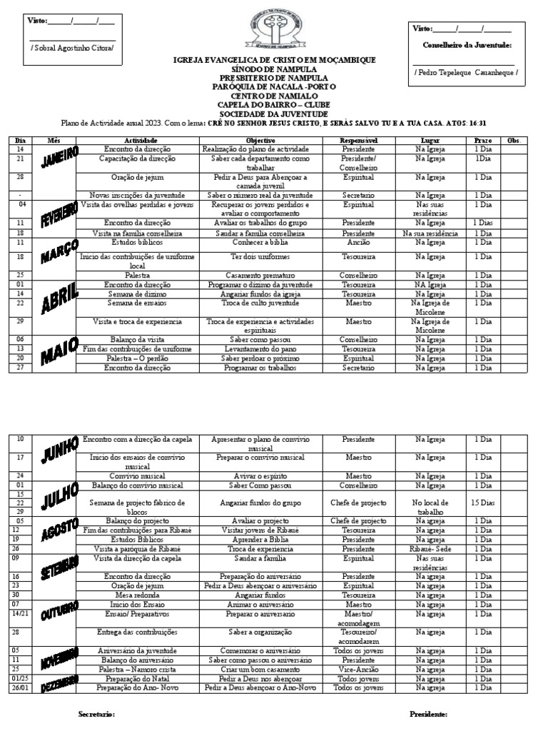 Plano de Actividade Dos Jovens IECM 2 | PDF | Aniversários | Religiões abraâmicas