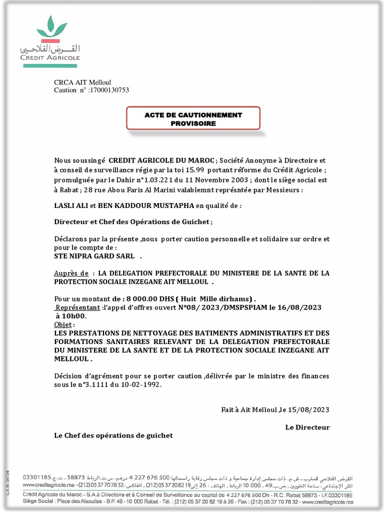 Caution personnelle pour marché public Ait Melloul | PDF