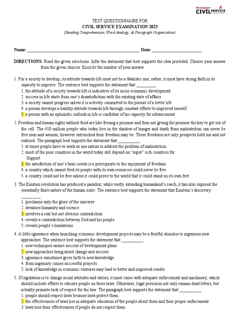 Civil Service Review - Answer Key | PDF | Piano
