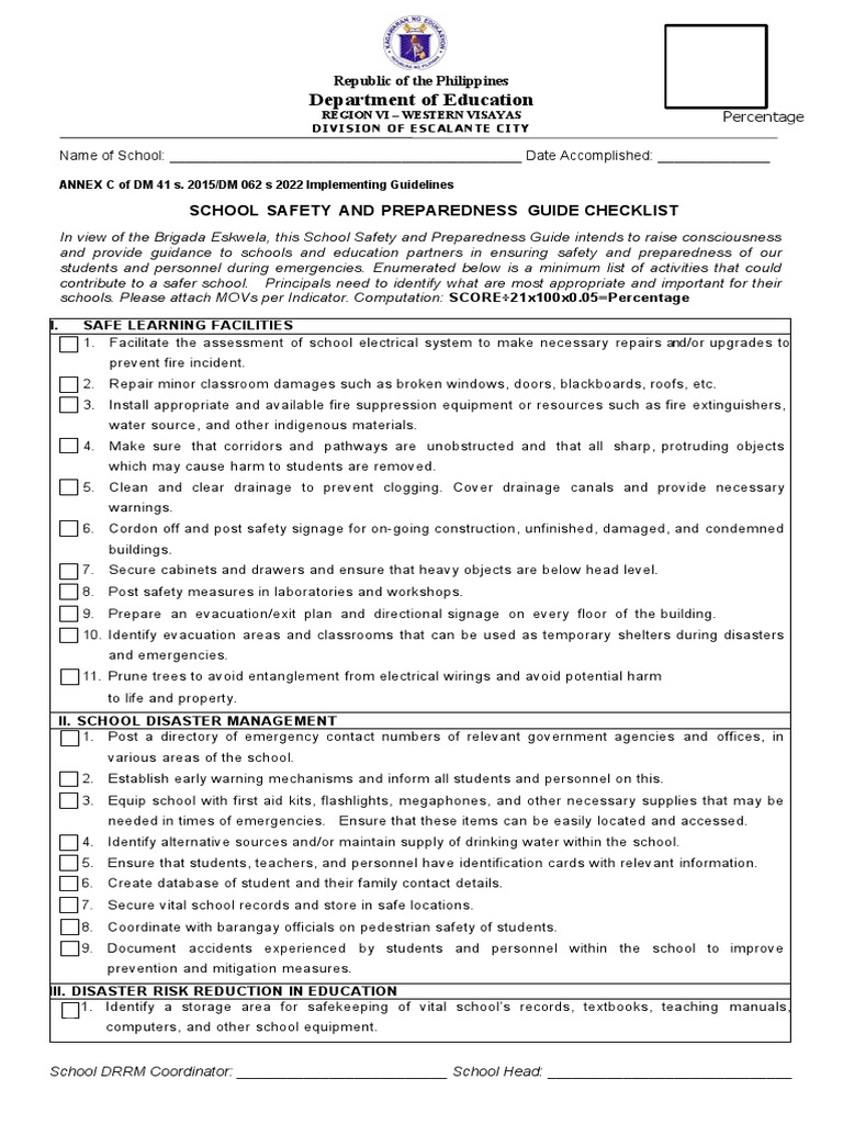 DRRM Brigada Eskwela Checklist | PDF | Emergency Management | Public Safety