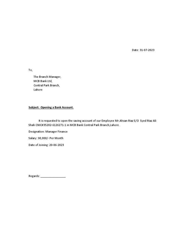 Employee Bank Account Opening Request | PDF