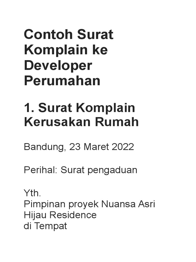 Contoh Surat Komplain Developer Perumahan | PDF