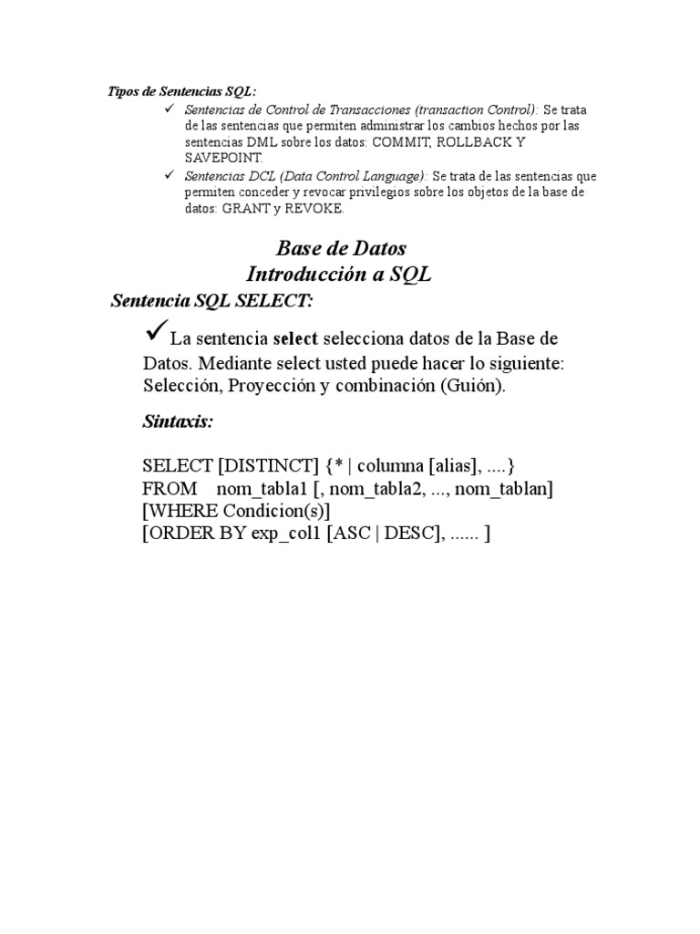 Tipos de Sentencias SQL | Descargar gratis PDF | SQL | Bases de datos