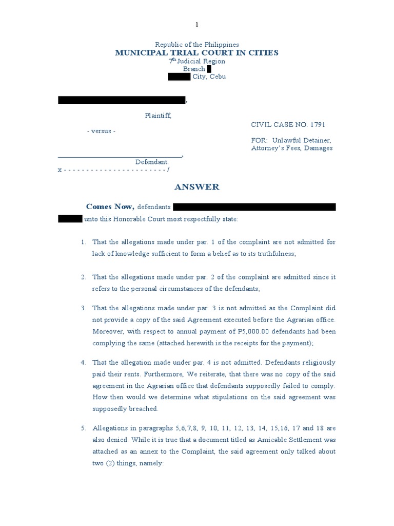 Answer (Execution Barangay Agreement) | PDF | Complaint | Lawsuit