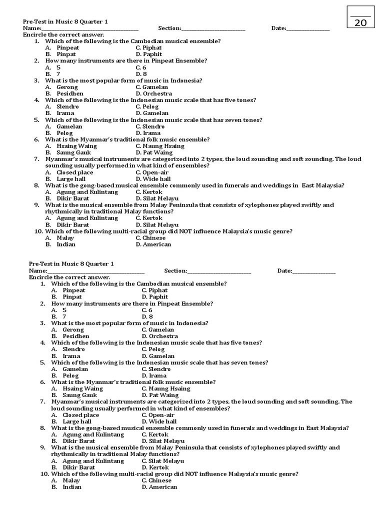 Southeast Asian Music Pre-Test | PDF | Thailand | Malaysia