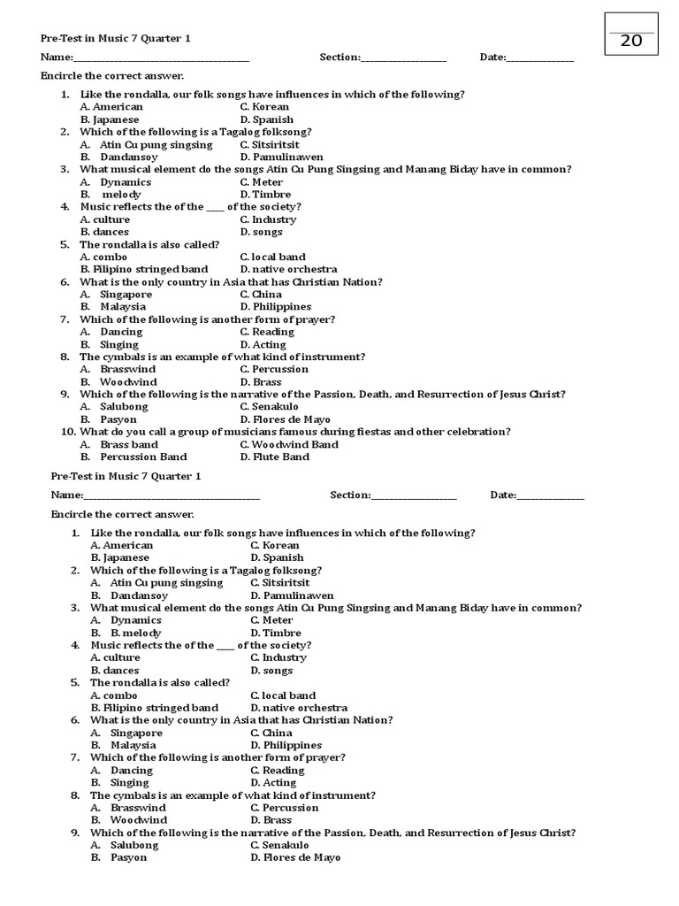 Music Pre-Test for Grade 7 Students | PDF | Tempo | Musical Instruments