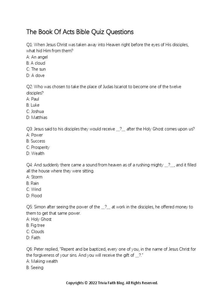 The Book of Acts Bible Quiz Questions | PDF | Jesus | Acts Of The Apostles