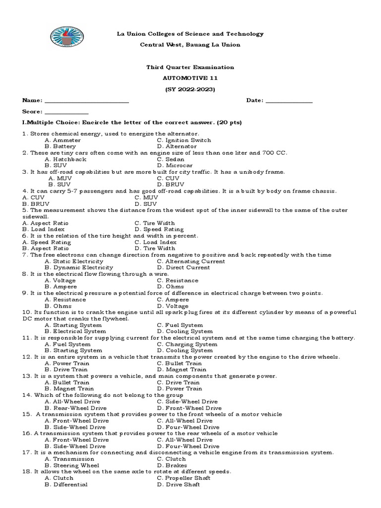 Grade 11 Automotive Exam Questions | PDF | Axle | Four Wheel Drive