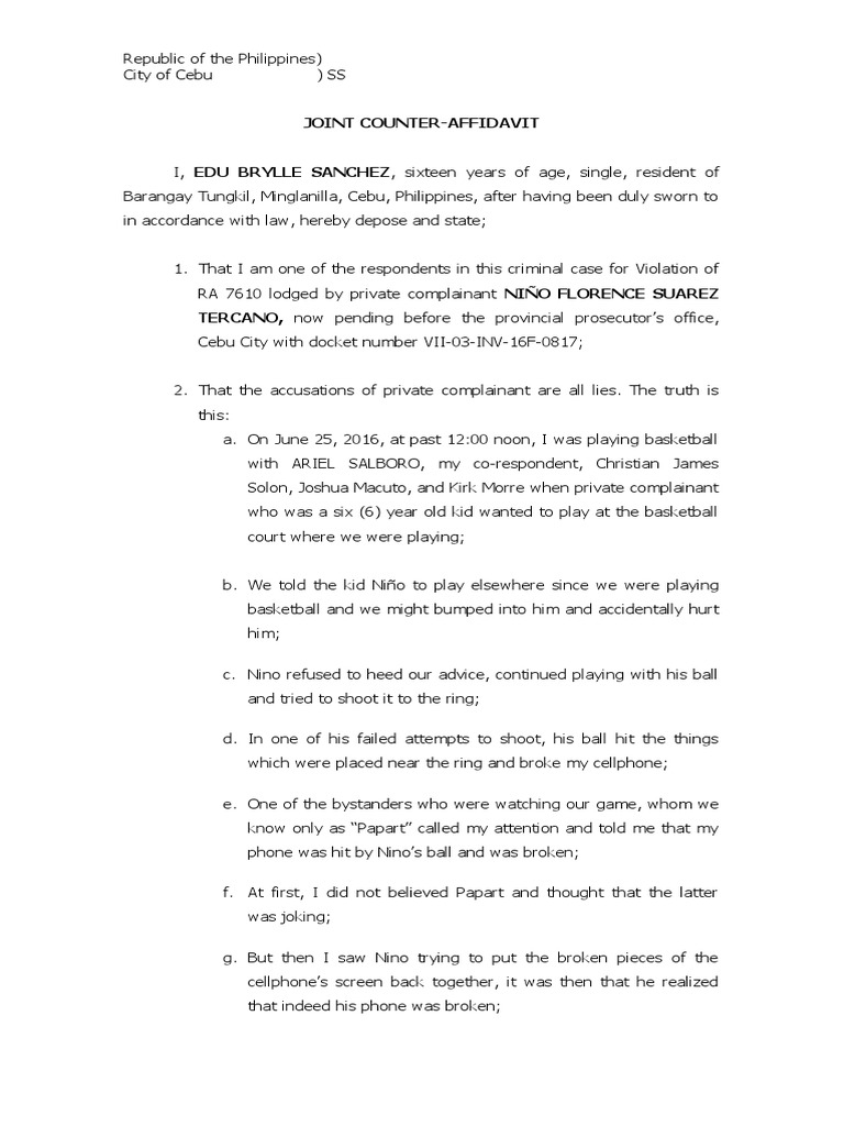 COUNTER-AFFIDAVIT. (RA 7610) .Brylle | PDF
