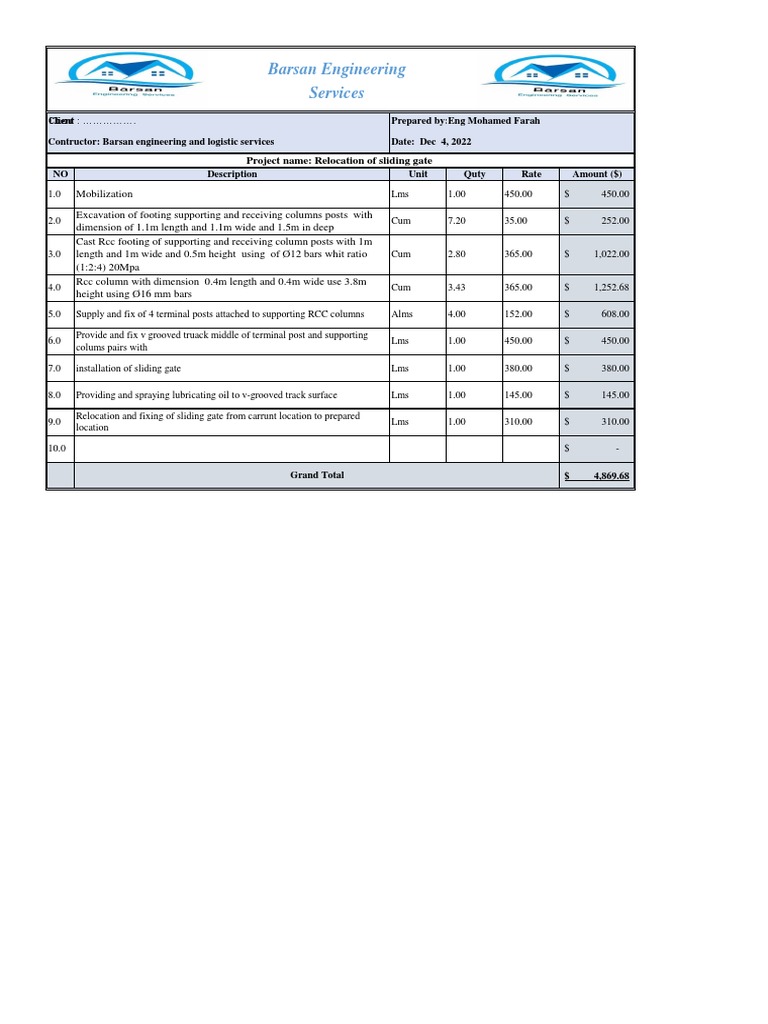 Relocation of Sliding Gate BOQ | PDF | Mechanical Engineering