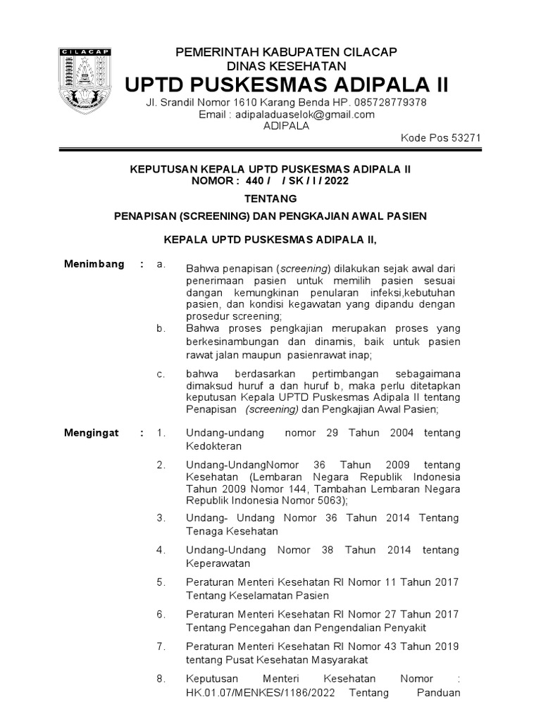 SK Penapisan (Screening) Dan Pengkajian Awal Pasien | PDF
