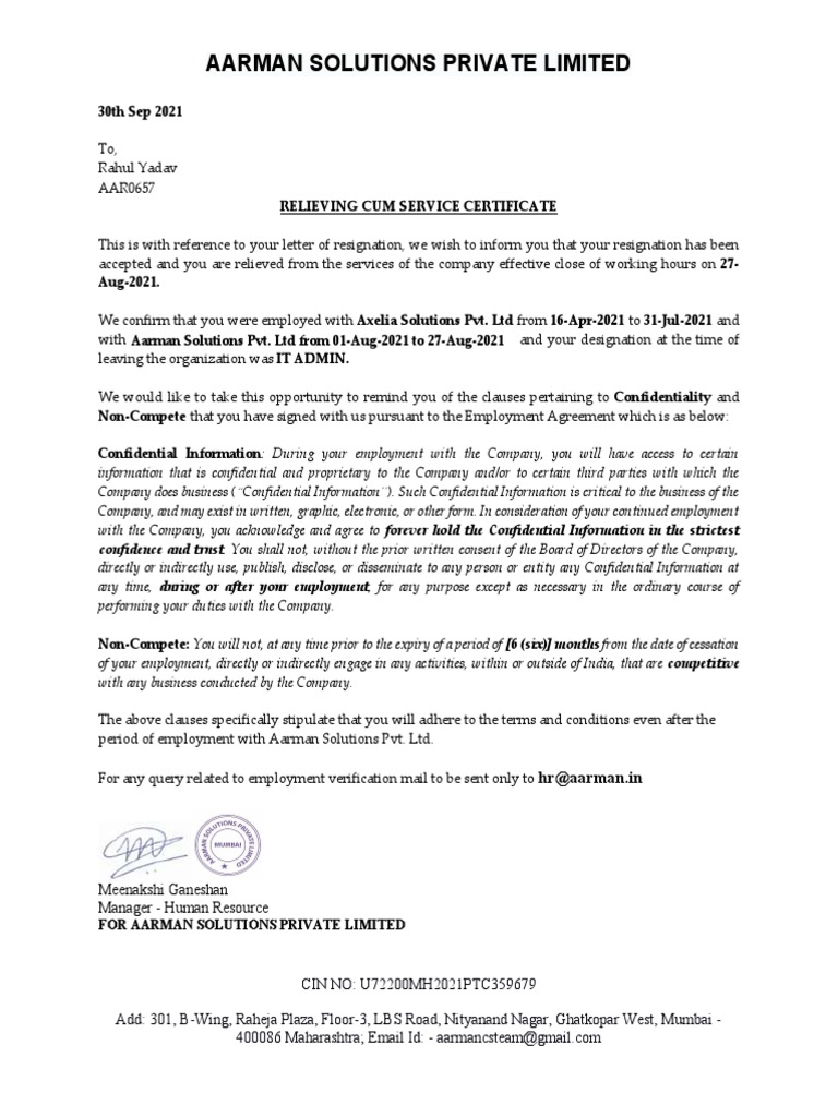 AARMAN AXELIA Relieving - Letter | PDF | Confidentiality | Justice