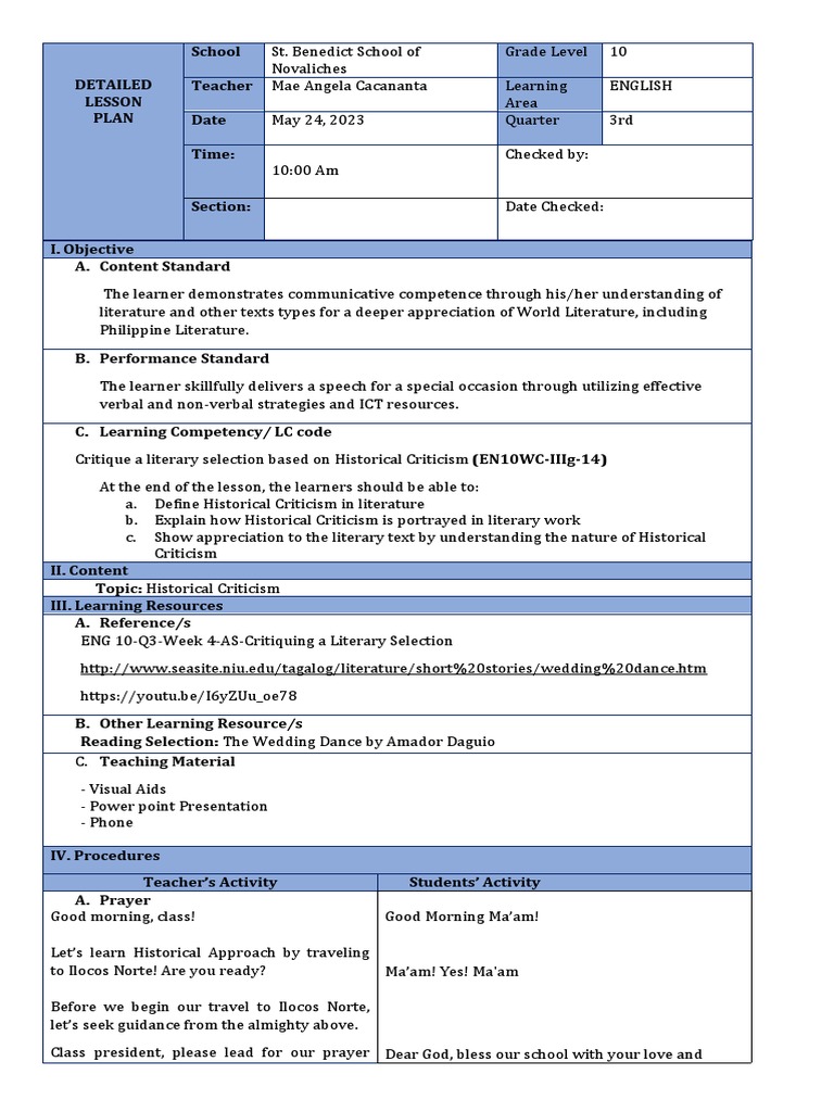 Historical Criticism Detailed Lesson Plan | PDF | Learning | Philippines