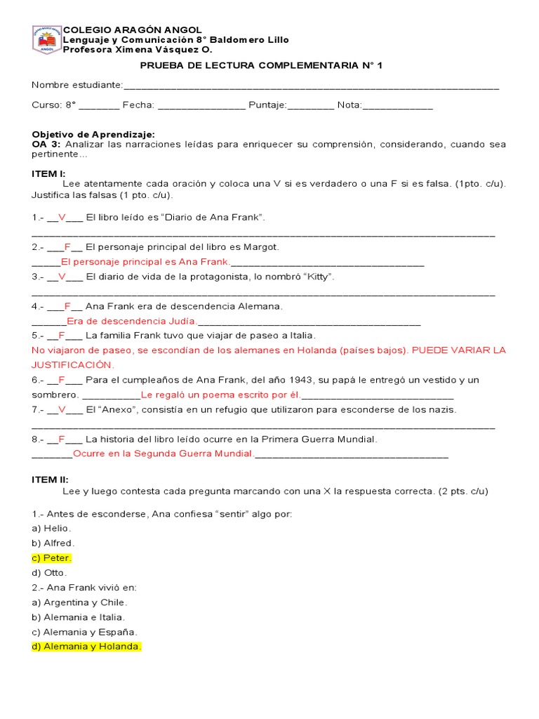 Prueba Lectura Complementaria 1 - 8° PAUTA DE EVALUACIÓN | PDF | Anne Frank