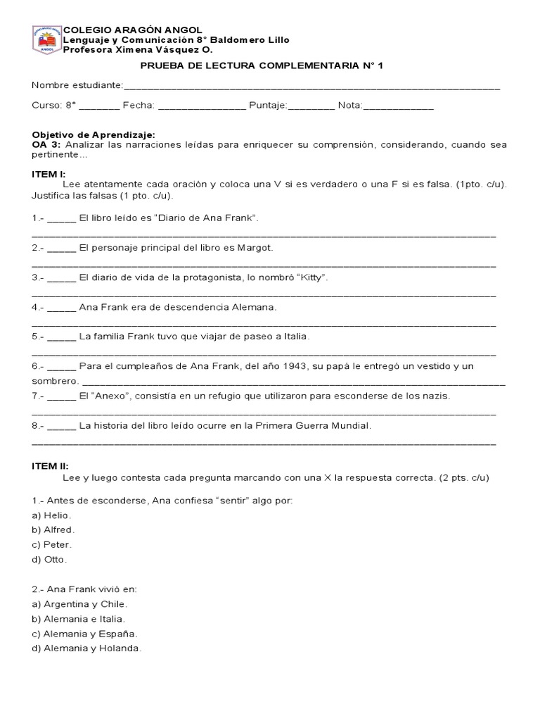 Prueba Lectura Complementaria 1 - 8° | PDF | Anne Frank