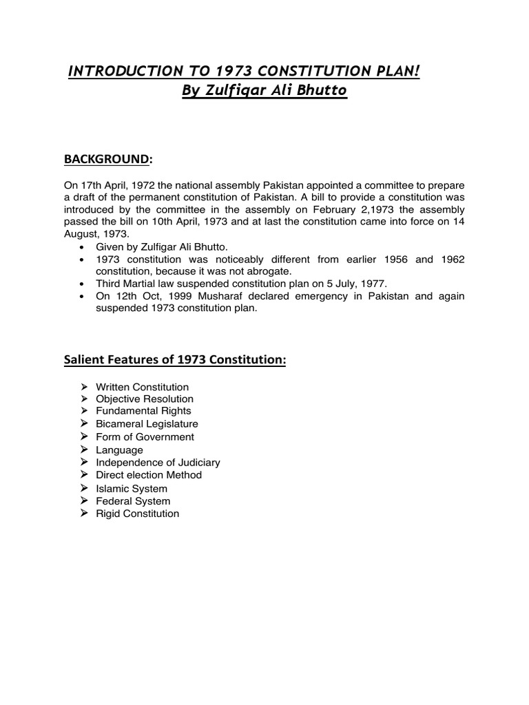 Introduction To 1973 Constitution Plan! by Zulfiqar Ali Bhutto | PDF | Parliament Of Pakistan ...