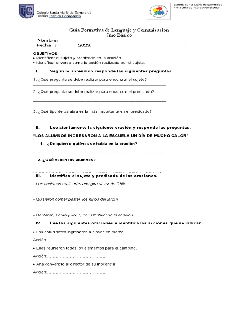 Guías-De-sujeto-núcleo y Predicado 7mo Básico | PDF | Predicado (Gramática) | Asunto (gramática)