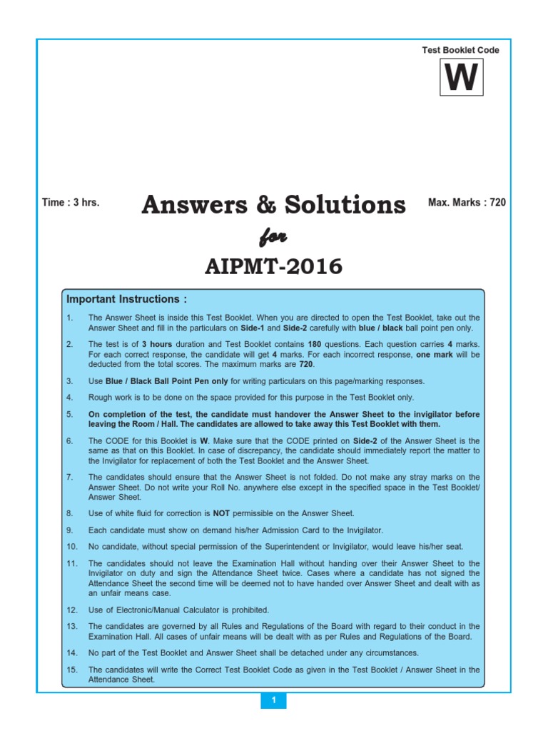 2016 Aipmt Code-W Solution | PDF | Amplifier | Acceleration