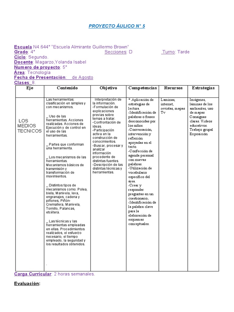 PROYECTO ÁULICO N 5 de Tecno 2023isabel | PDF | Evaluación | Herramientas