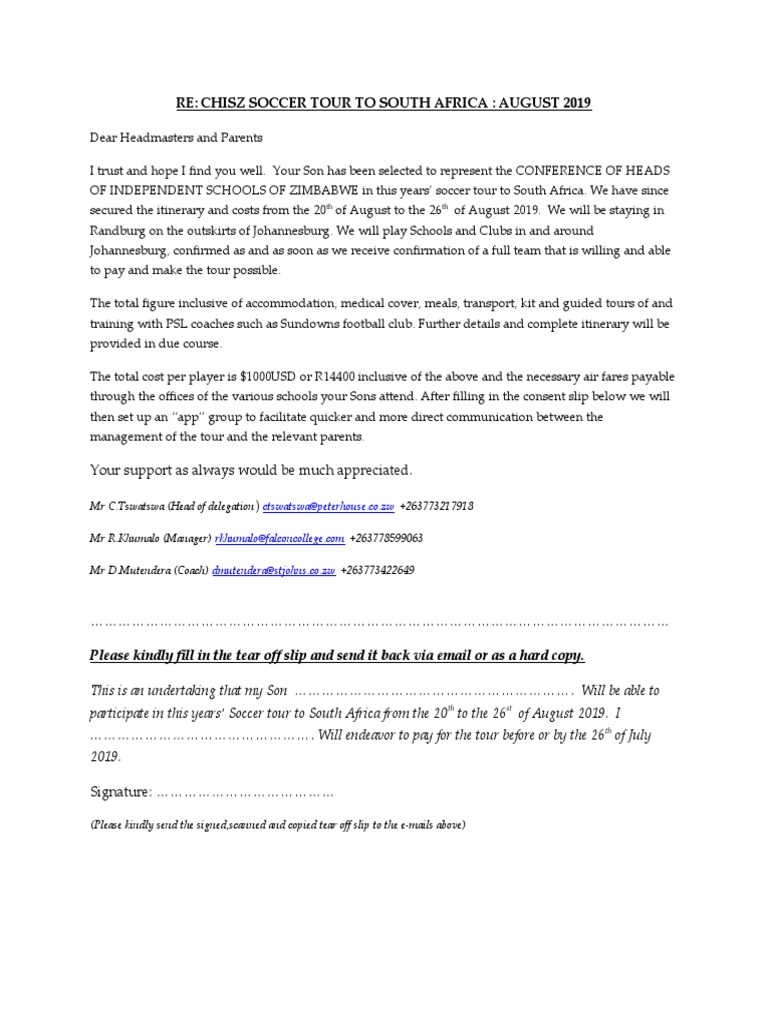 Chisz Soccer Tour Letter 2019 | PDF