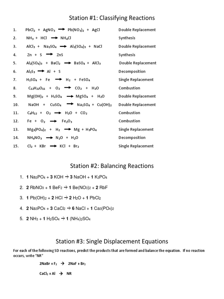 Review stations ChemicalReactions Key | PDF | Chemical Reactions ...