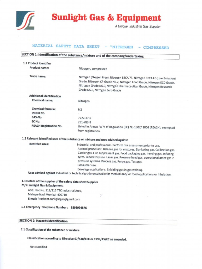 Nitrogen Gas - Safety Data Sheet | PDF