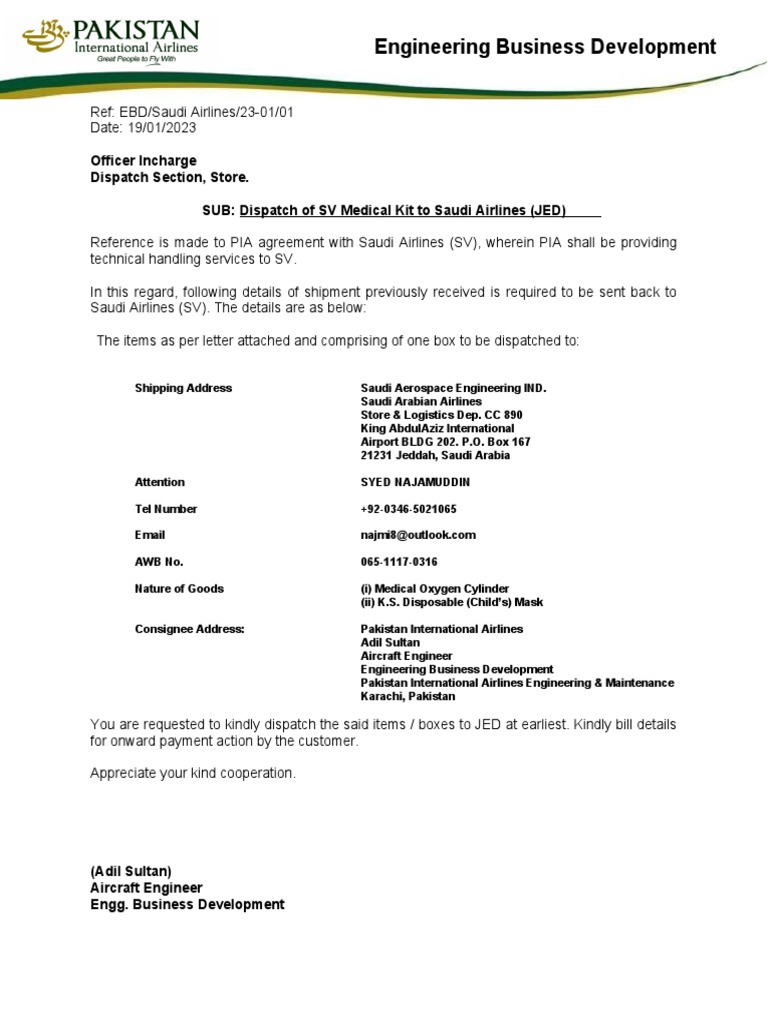 Dispatch Letter For Medical Kit | PDF