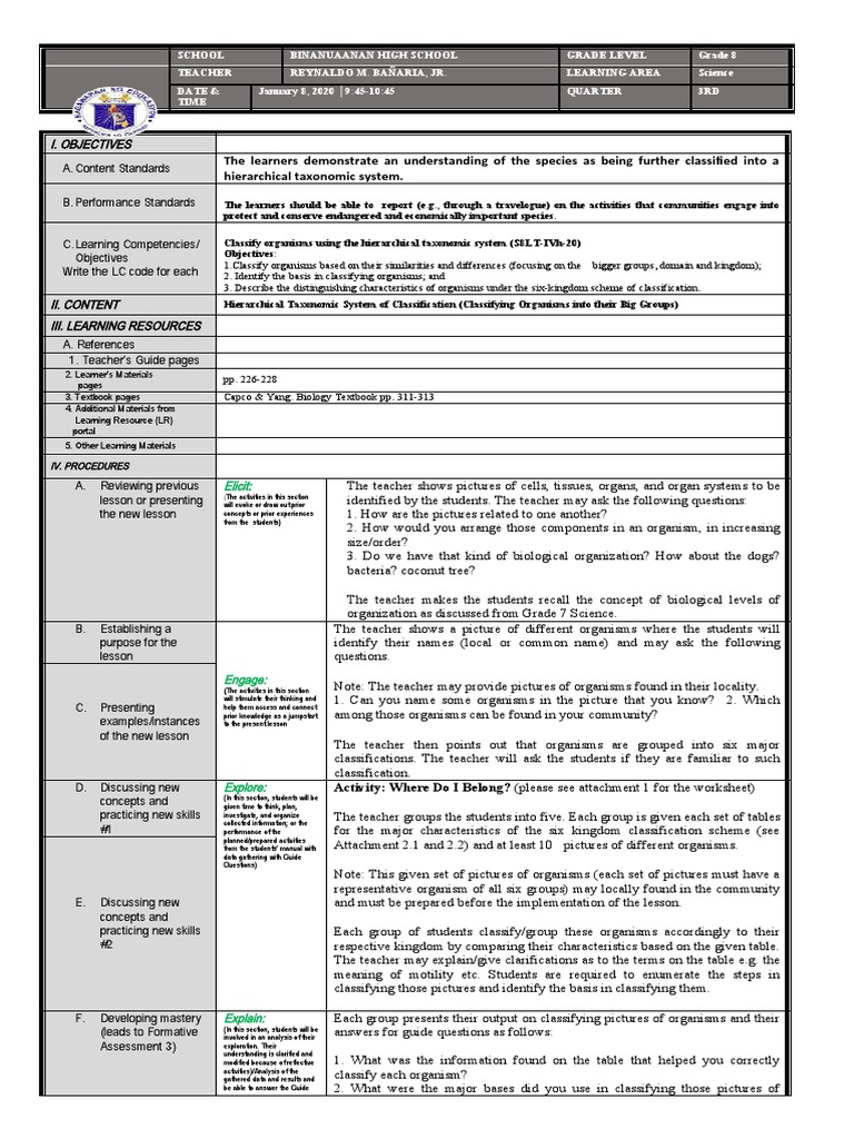 Taxonomic Classification for Grade 8 | PDF | Learning | Taxonomy (Biology)