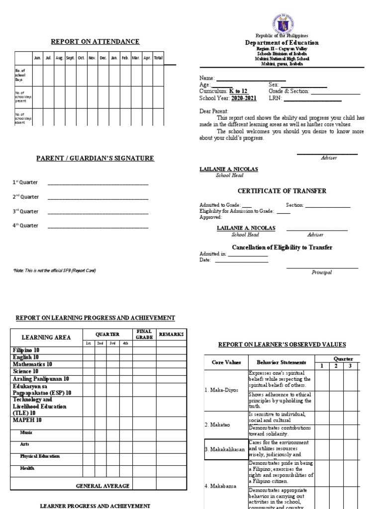 Final Report Card Pdf