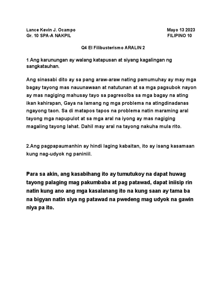 Lance Ocampo Fil Aralin 2 Pt q4 | PDF