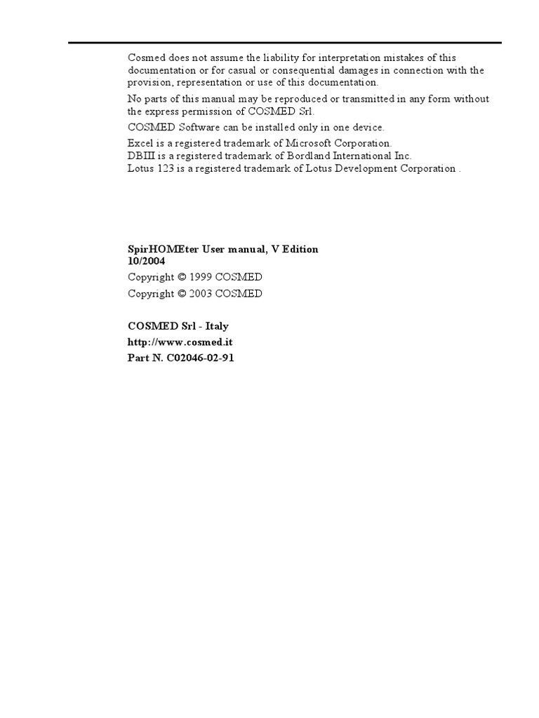 Cosmed SpirHOMEter Spirometer - Service Manual | PDF | Medical Device | Personal Computers